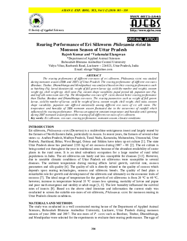 (PDF) Rearing performance of Eri Silkworm Philosamia ricini in Monsoon ...