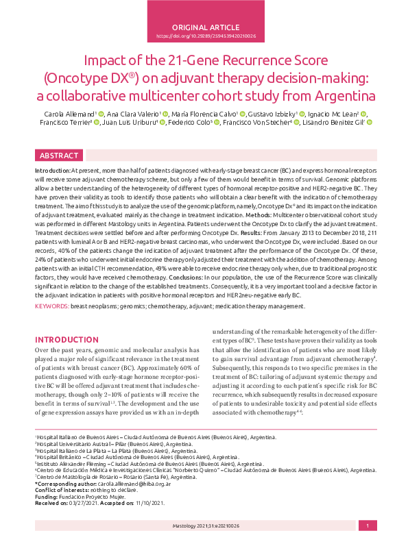 (PDF) Impact of the 21-Gene Recurrence Score(Oncotype DX®) on adjuvant ...