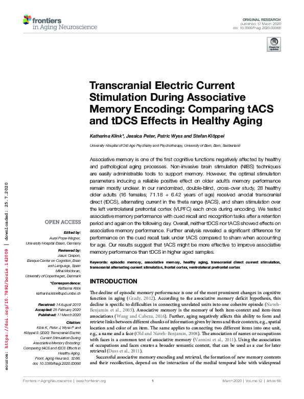 (PDF) Transcranial Electric Current Stimulation During Associative Memory Encoding: Comparing ...