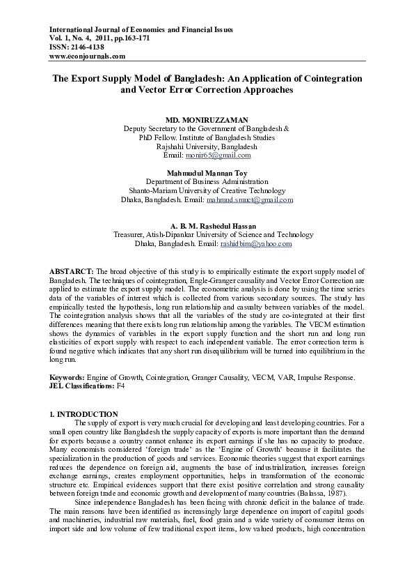 (PDF) The Export Supply Model of Bangladesh: An Application of Cointegration and Vector Error ...
