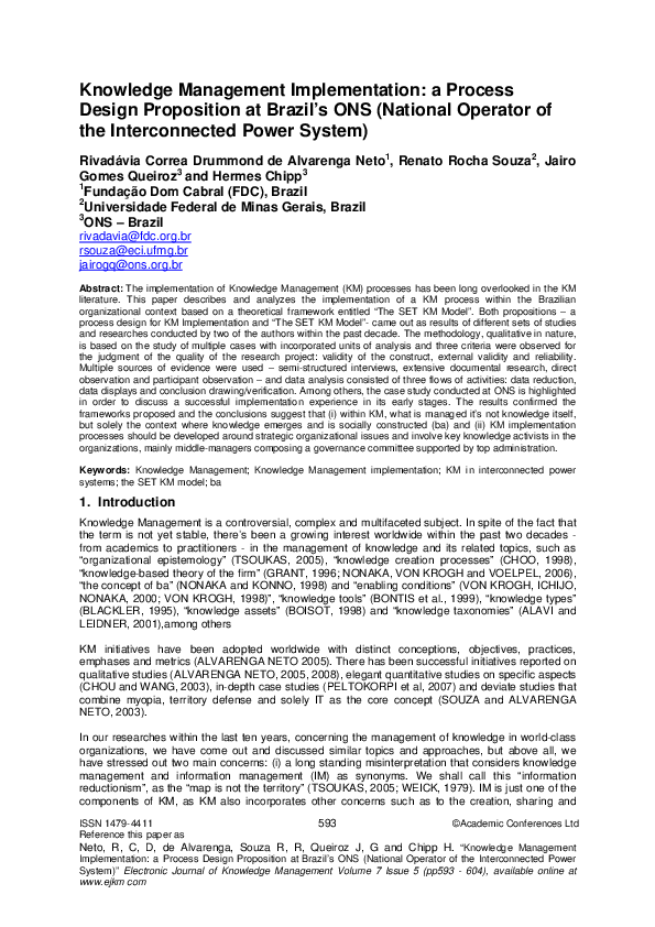(PDF) Knowledge Management Implementation: a Process Design Proposition at Brazil's ONS ...