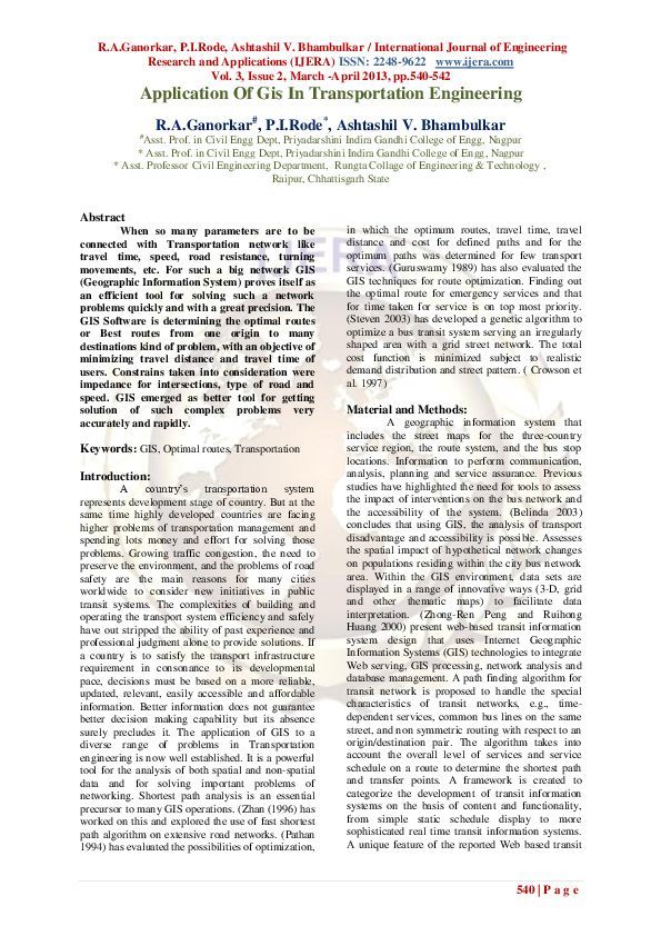 Pdf Application Of Gis In Transportation Engineering