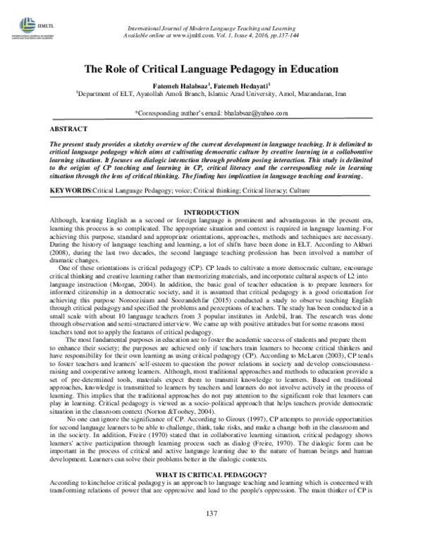 (PDF) The Role of Critical Language Pedagogy in Education