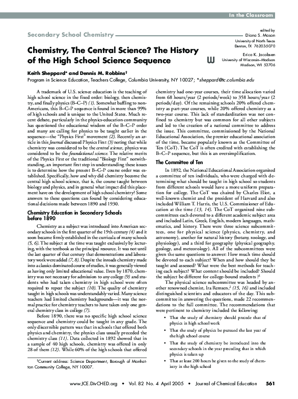 (PDF) Chemistry, The Central Science? The History of the High School ...