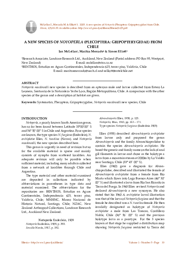 (PDF) A New Species Of Notoperla (Plecoptera: Gripopterygidae) From Chile