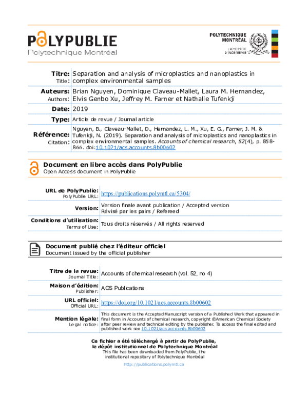 (PDF) Separation and Analysis of Microplastics and Nanoplastics in Complex Environmental Samples