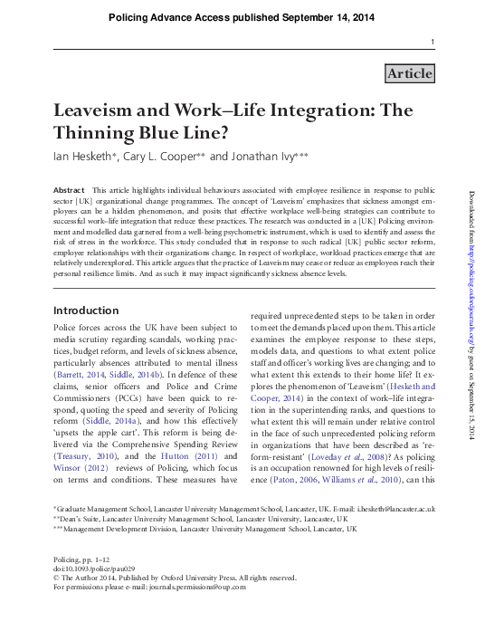 (PDF) Leaveism and Work-Life Integration: The Thinning Blue Line?