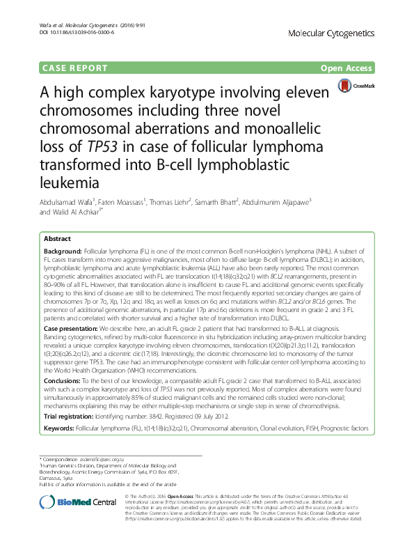 (PDF) A high complex karyotype involving eleven chromosomes including three novel chromosomal ...