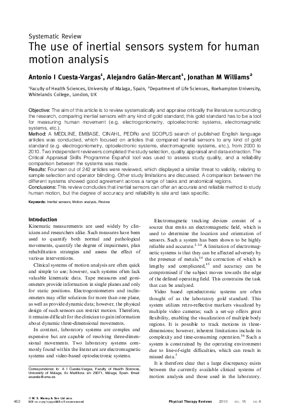 (PDF) The use of inertial sensors system for human motion analysis