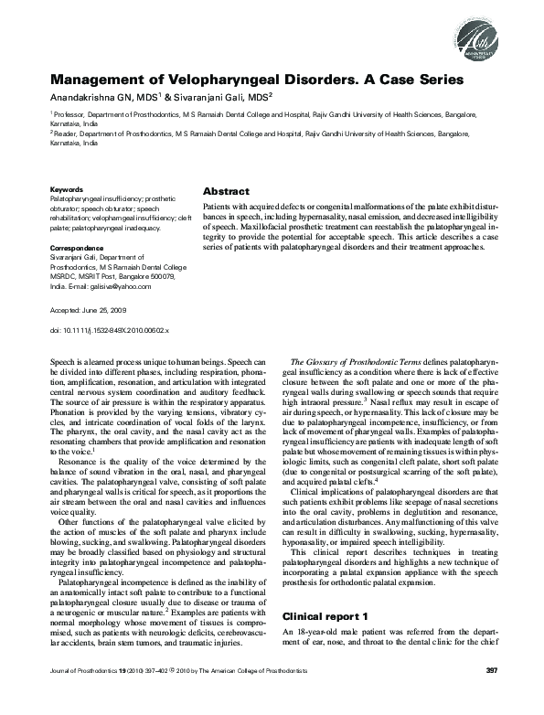 (PDF) Management of Velopharyngeal Disorders. A Case Series