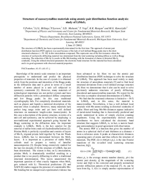 (PDF) Structure of nanocrystalline materials using atomic pair distribution function analysis ...