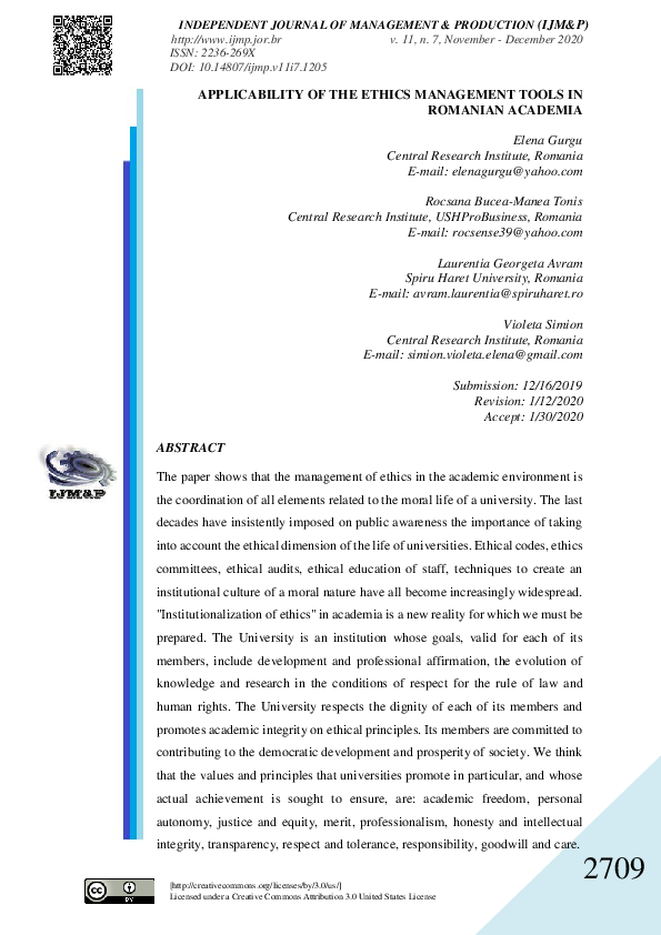 (PDF) Applicability of the ethics management tools in Romanian academia