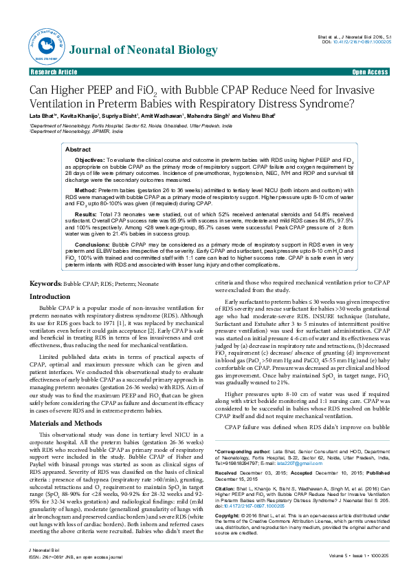 (PDF) Can Higher PEEP and FiO2 with Bubble CPAP Reduce Need for ...