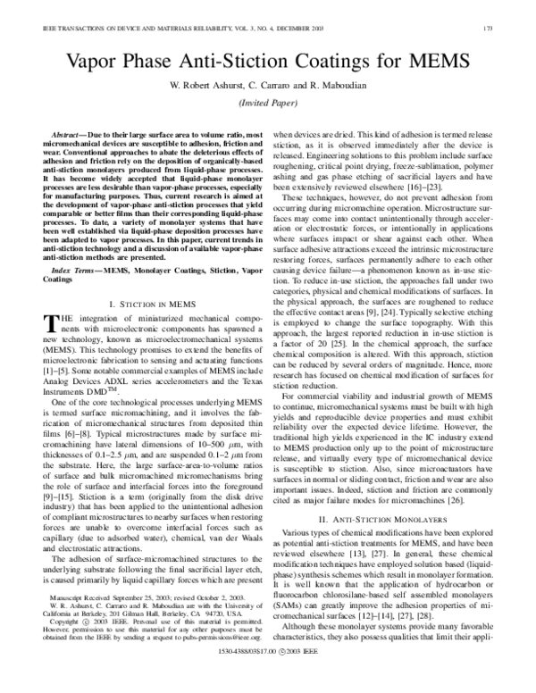 (PDF) Vapor phase anti-stiction coatings for MEMS