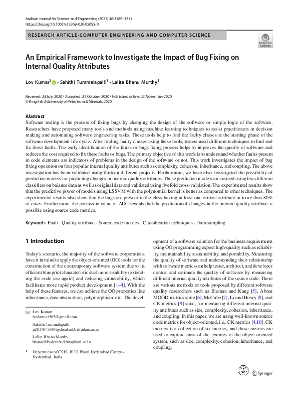 Pdf An Empirical Framework To Investigate The Impact Of Bug Fixing On Internal Quality Attributes