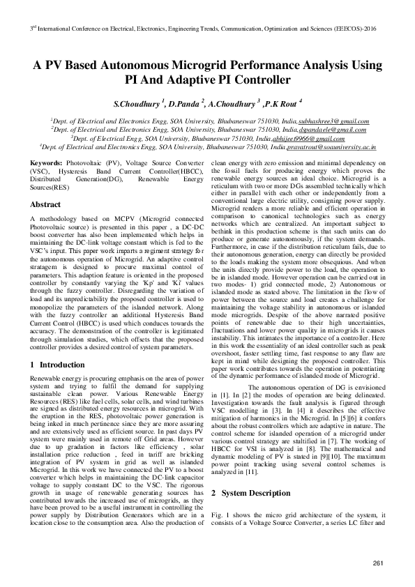 Pdf A Pv Based Autonomous Microgrid Performance Analysis Using Pi And Adaptive Pi Controller