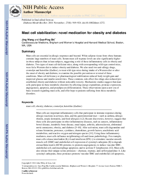 (PDF) Mast cell stabilization: novel medication for obesity and diabetes