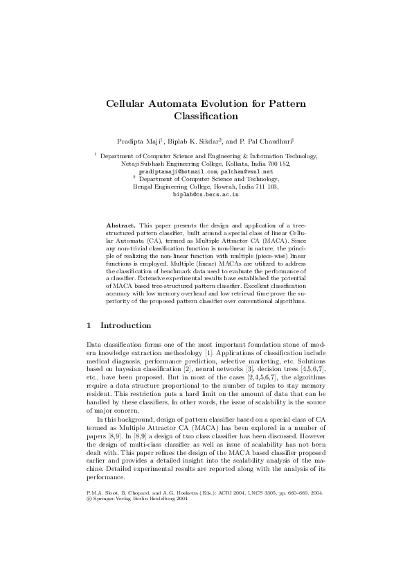 Pdf Cellular Automata Evolution For Pattern Classification