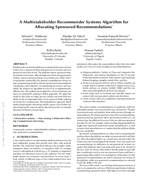 (PDF) A Multistakeholder Recommender Systems Algorithm for Allocating Sponsored Recommendations