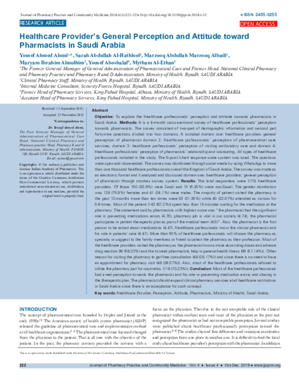 (PDF) Healthcare Provider’s General Perception and Attitude toward Pharmacists in Saudi Arabia