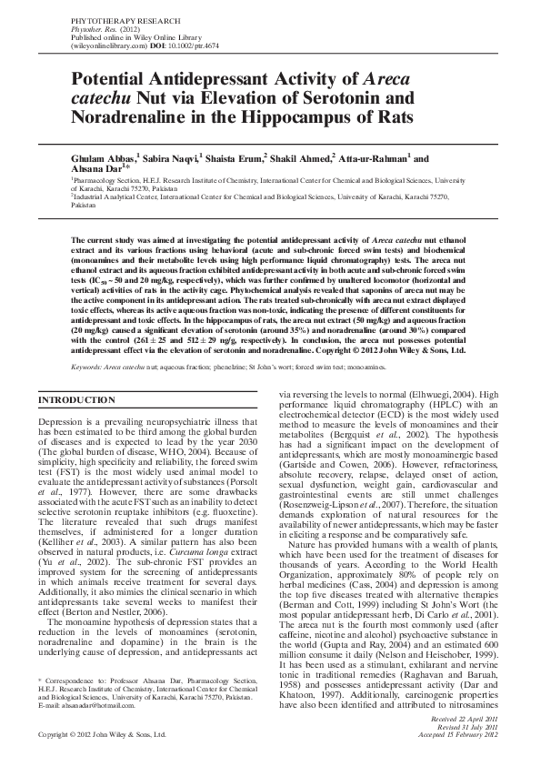 (PDF) Potential Antidepressant Activity of Areca catechu Nut via Elevation of Serotonin and ...