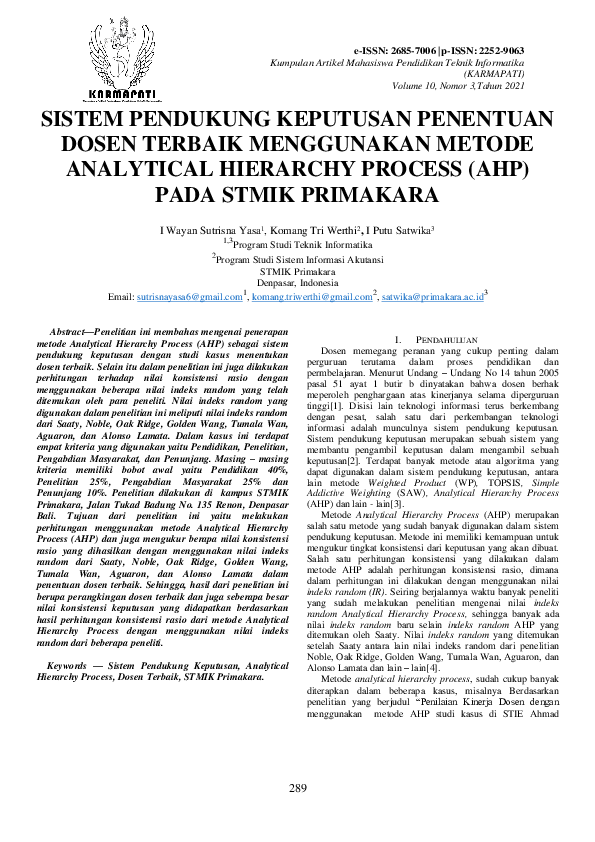 (PDF) Sistem Pendukung Keputusan Penentuan Dosen Terbaik Menggunakan Metode Analytical Hierarchy ...