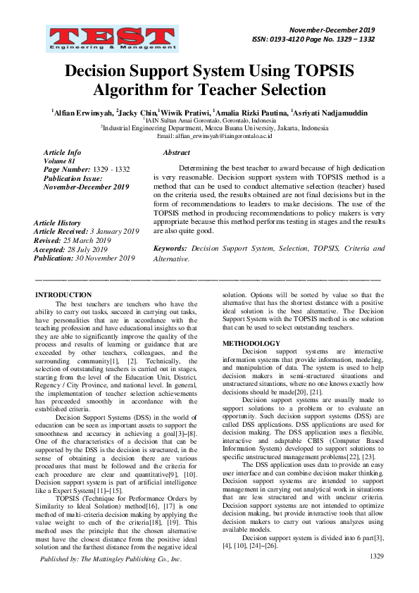 (PDF) Decision Support System Using TOPSIS Algorithm for Teacher Selection