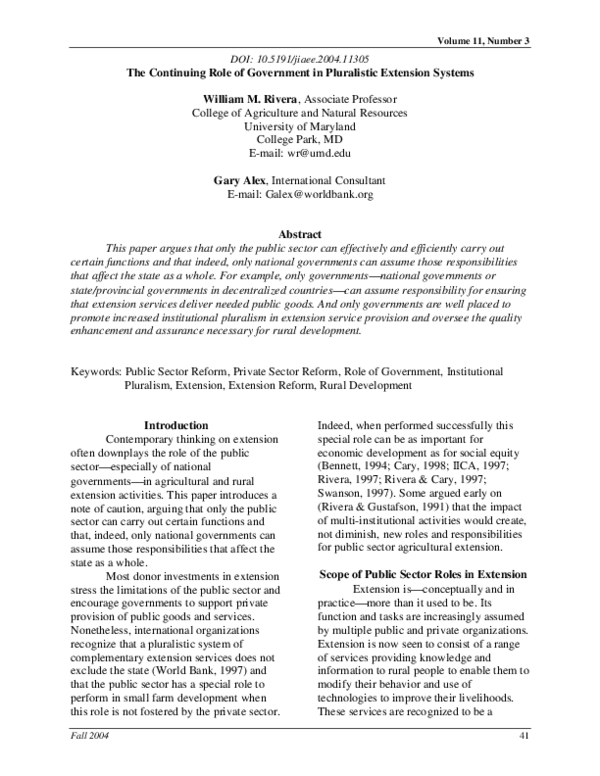 (PDF) The Continuing Role of Government in Pluralistic Extension Systems