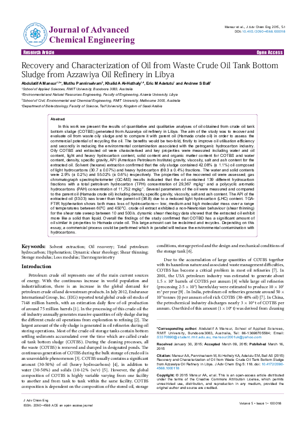 (PDF) Recovery and Characterization of Oil from Waste Crude Oil Tank ...