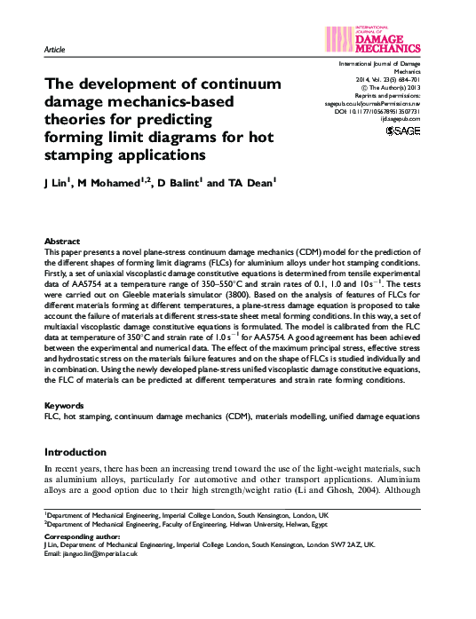 (PDF) The development of continuum damage mechanics-based theories for predicting forming limit ...