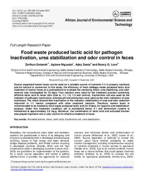 (PDF) Food waste produced lactic acid for pathogen inactivation, urea ...