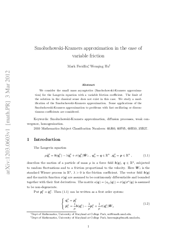 Pdf Smoluchowskikramers Approximation In The Case Of Variable Friction Mark Freidlin