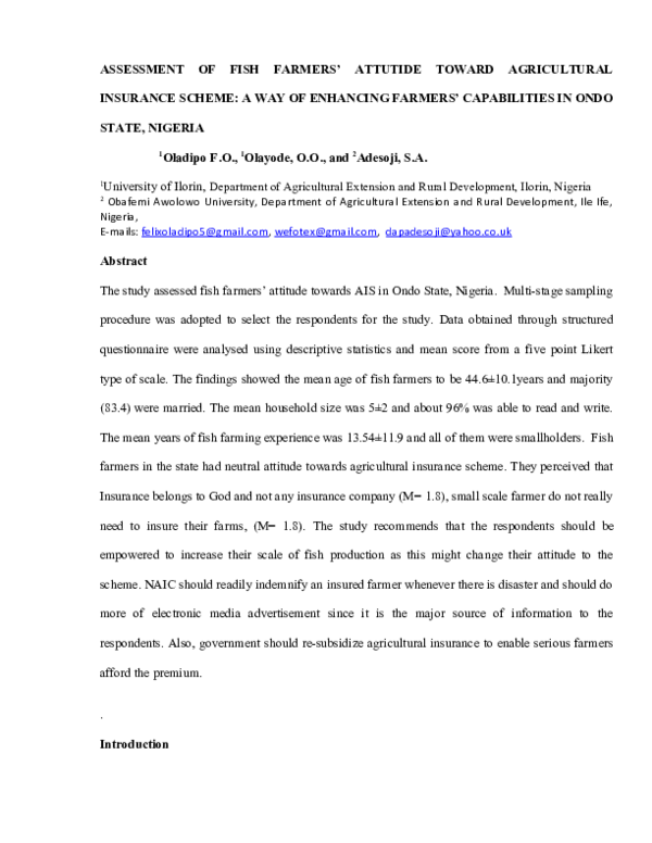 (DOC) ASSESSMENT OF FISH FARMERS' ATTUTIDE TOWARD AGRICULTURAL ...
