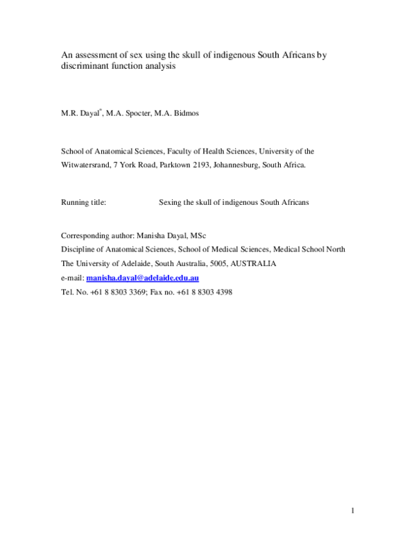Pdf An Assessment Of Sex Using The Skull Of Black South Africans By Discriminant Function Analysis