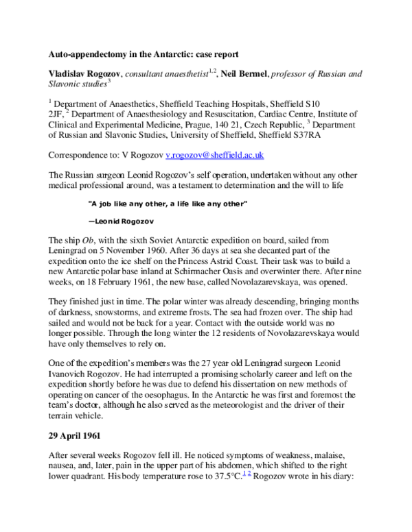 (PDF) Auto-appendectomy in the Antarctic: case report