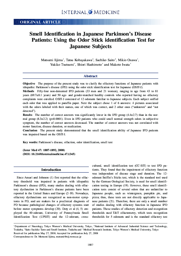 (PDF) Smell Identification in Japanese Parkinson's Disease Patients ...