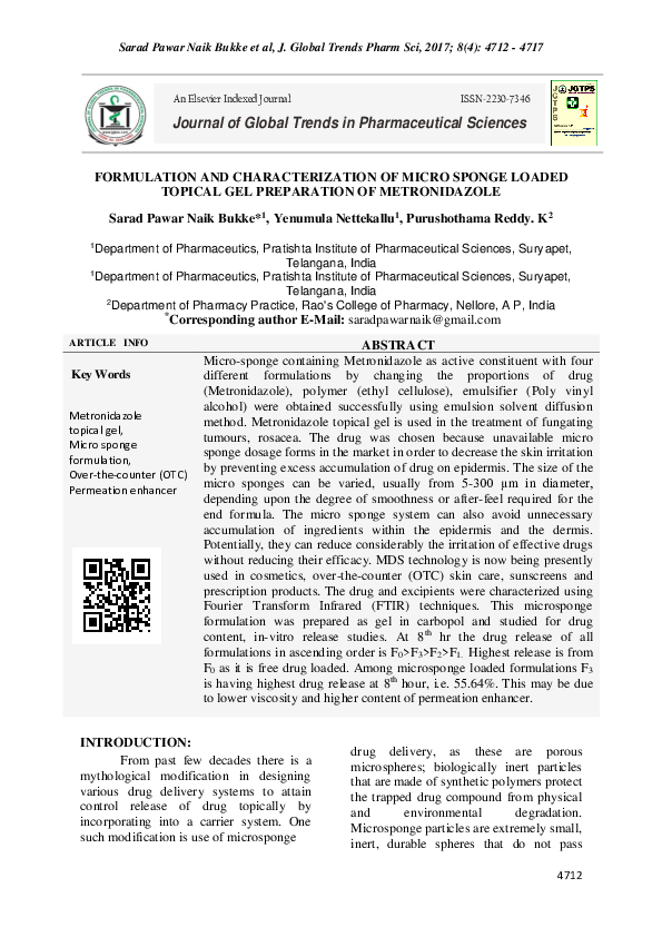 Pdf Formulation And Characterization Of Micro Sponge Loaded Topical Gel Preparation Of