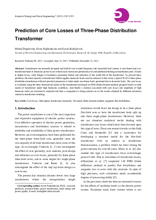 (PDF) Prediction of Core Losses of Three-Phase Distribution Transformer