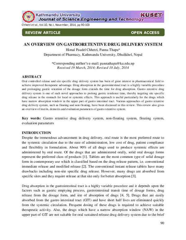 (PDF) An Overview on Gastroretentive Drug Delivery System