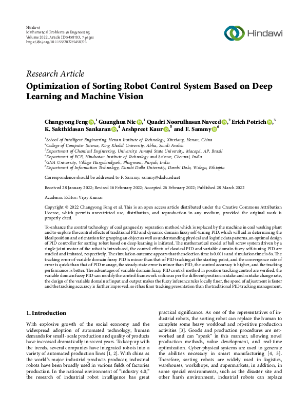 (PDF) Optimization of Sorting Robot Control System Based on Deep Learning and Machine Vision