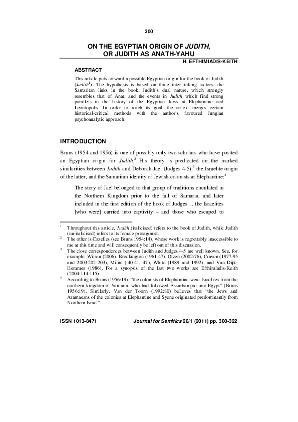 (PDF) On the Egyptian origin of Judith, or Judith as Anath-Yahu