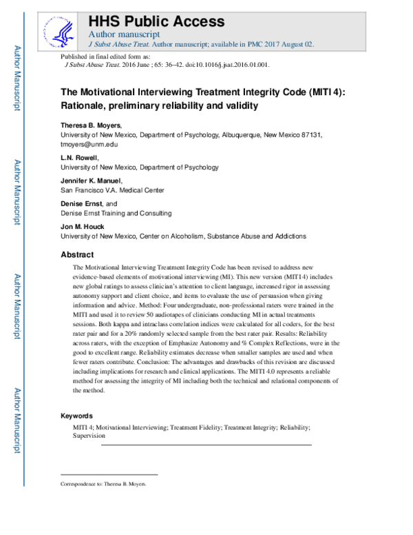 The Motivational Interviewing Treatment Integrity Code (MITI 4 ...