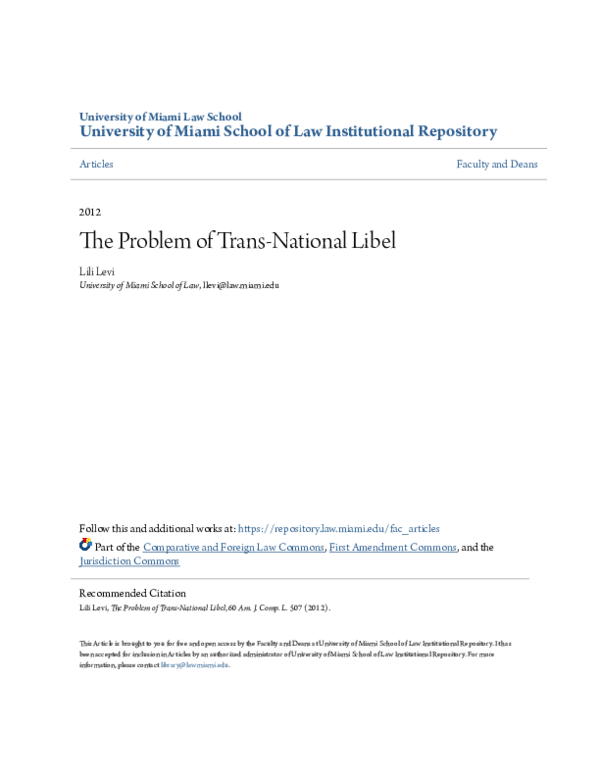(PDF) The Problem of Trans-National Libel