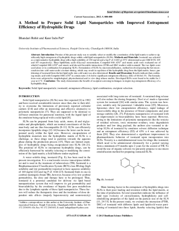 (PDF) A Method to Prepare Solid Lipid Nanoparticles with Improved ...