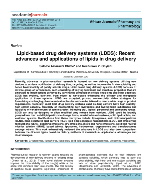 (PDF) Lipid-based drug delivery systems (LDDS): Recent advances and ...