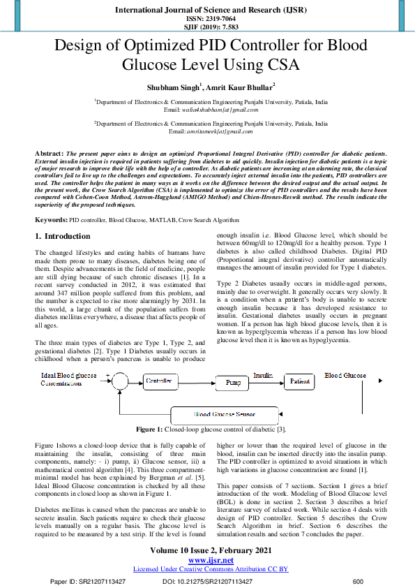 (PDF) Design of Optimized PID Controller for Blood Glucose Level Using CSA