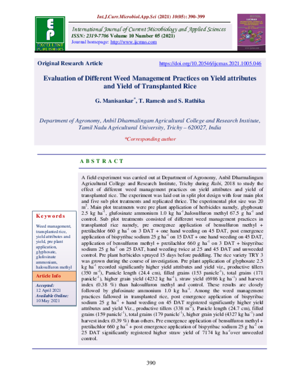 Pdf Evaluation Of Different Weed Management Practices On Yield Attributes And Yield Of