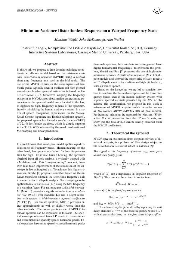 (PDF) Minimum variance distortionless response on a warped frequency scale