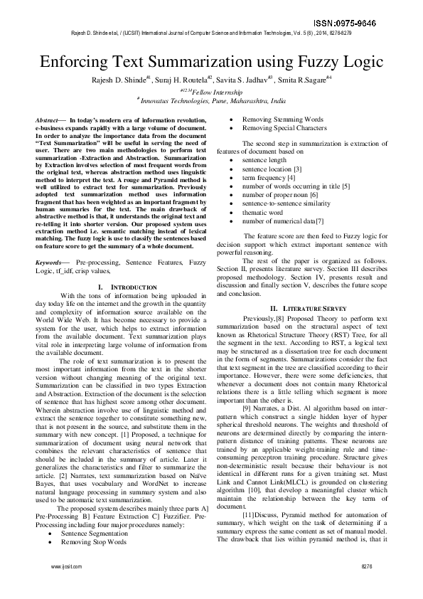 (PDF) Enforcing Text Summarization using Fuzzy Logic