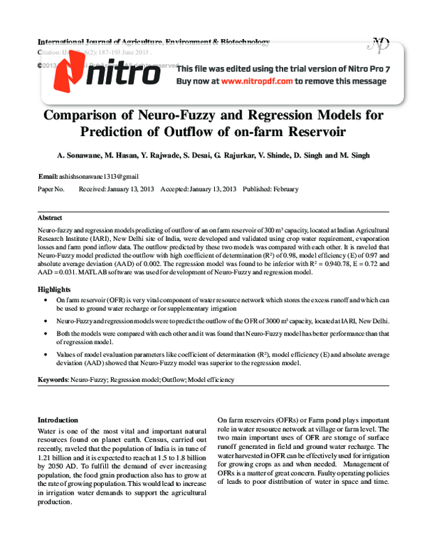 Pdf Comparison Of Neuro Fuzzy And Regression Models For Prediction Of